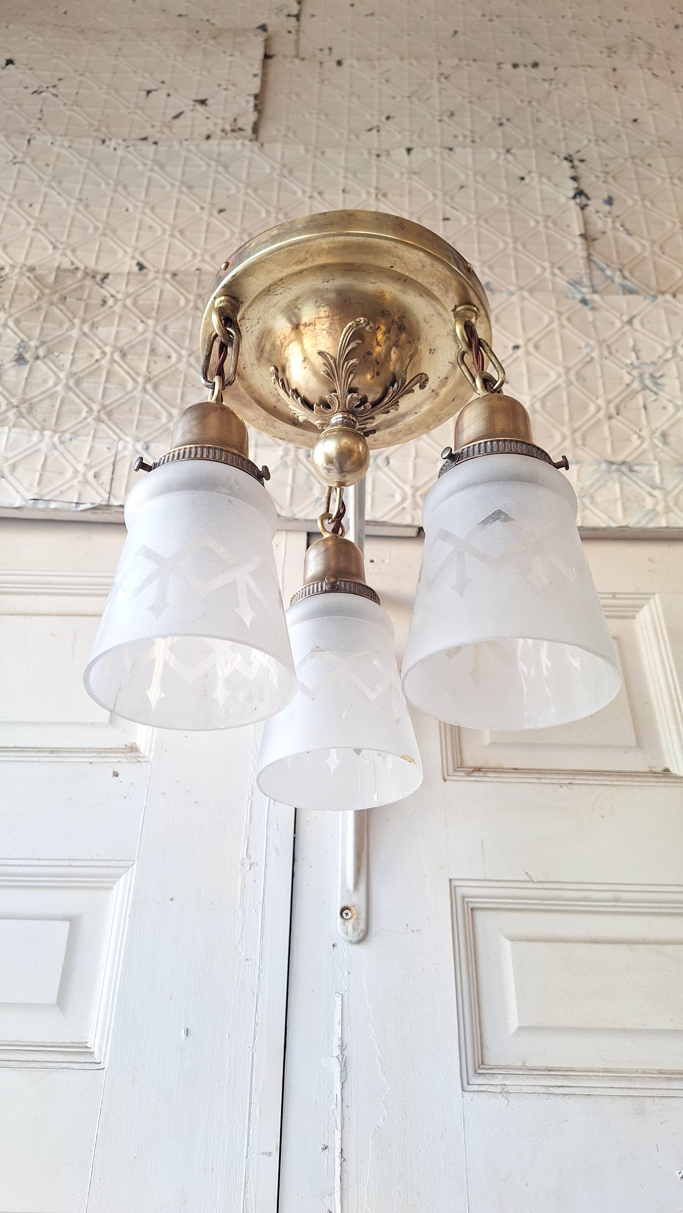 Antique Brass Pan Light with Etched Shades and Bronze Leaf Detailing, – Peoria Architectural Salvage