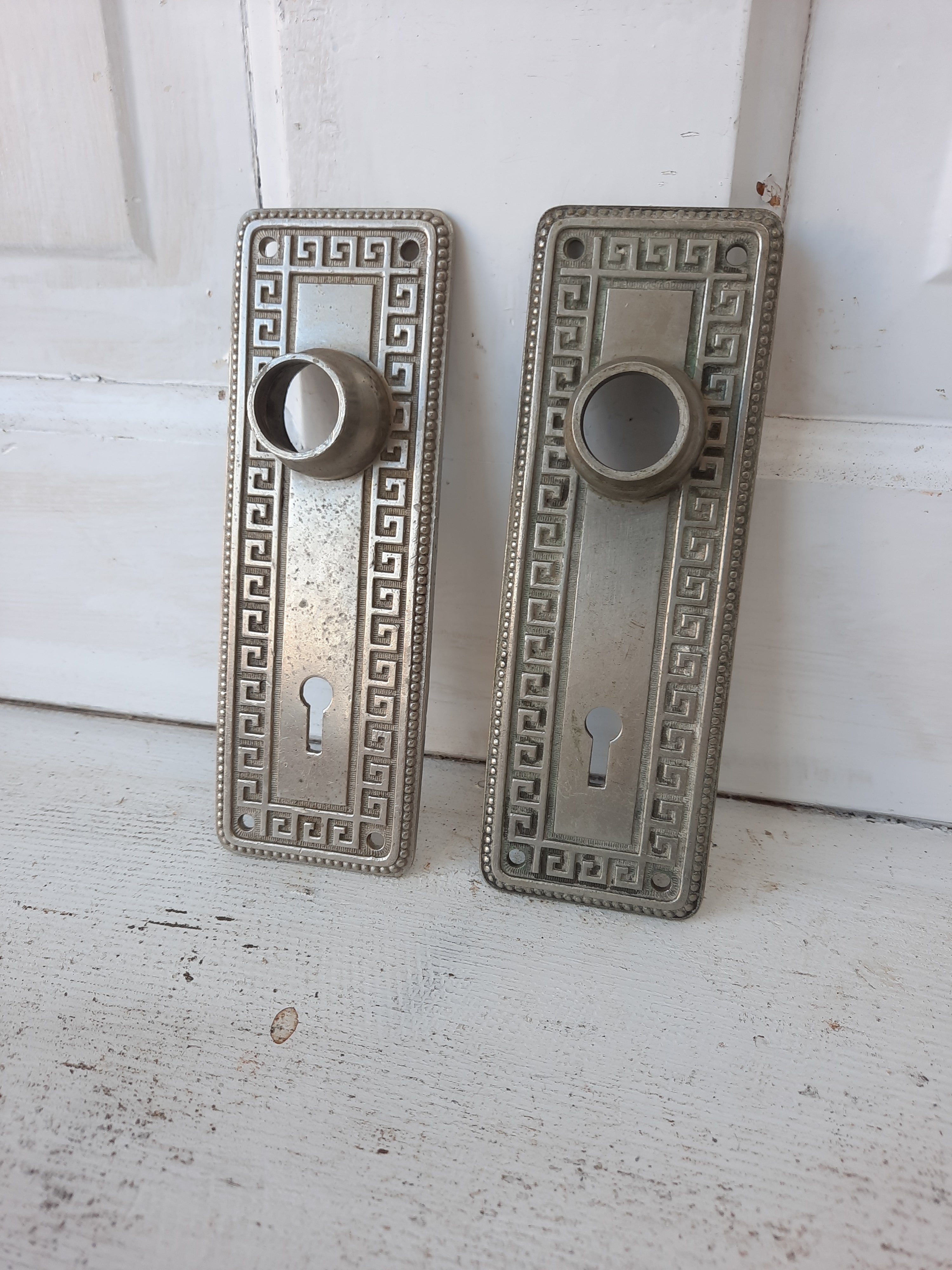 Yale Silver Antique Door Plates Set with Greek Key Design, Silver Back ...