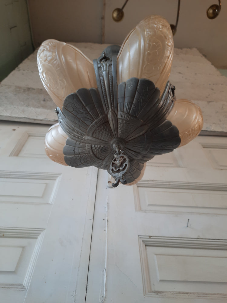 1930s Slip Shade Chandelier, Art Deco Slipper Shade Light with Peach P ...