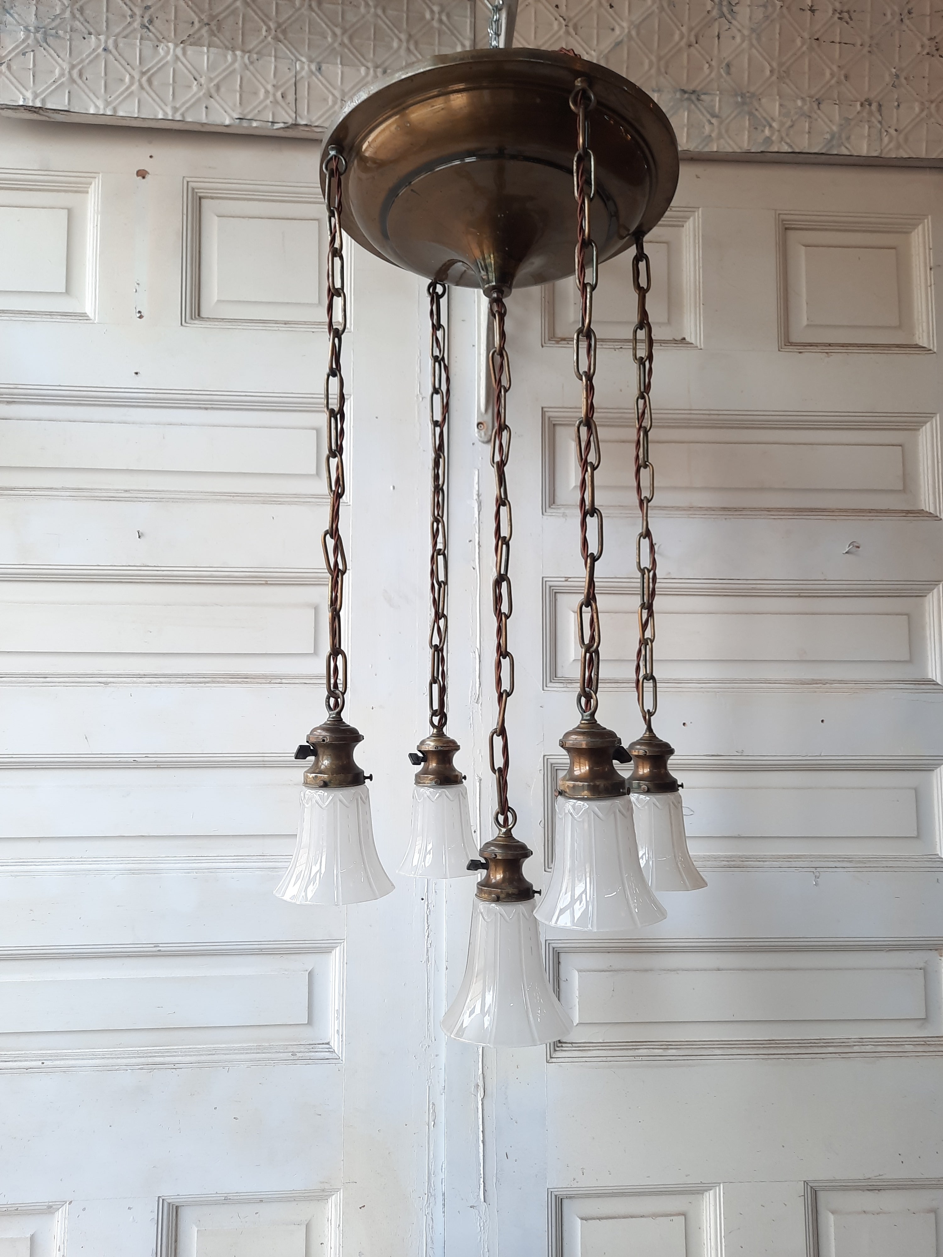 Antique Brass Pan Light with Five Hanging Chain Lights, Large Flush Mo ...