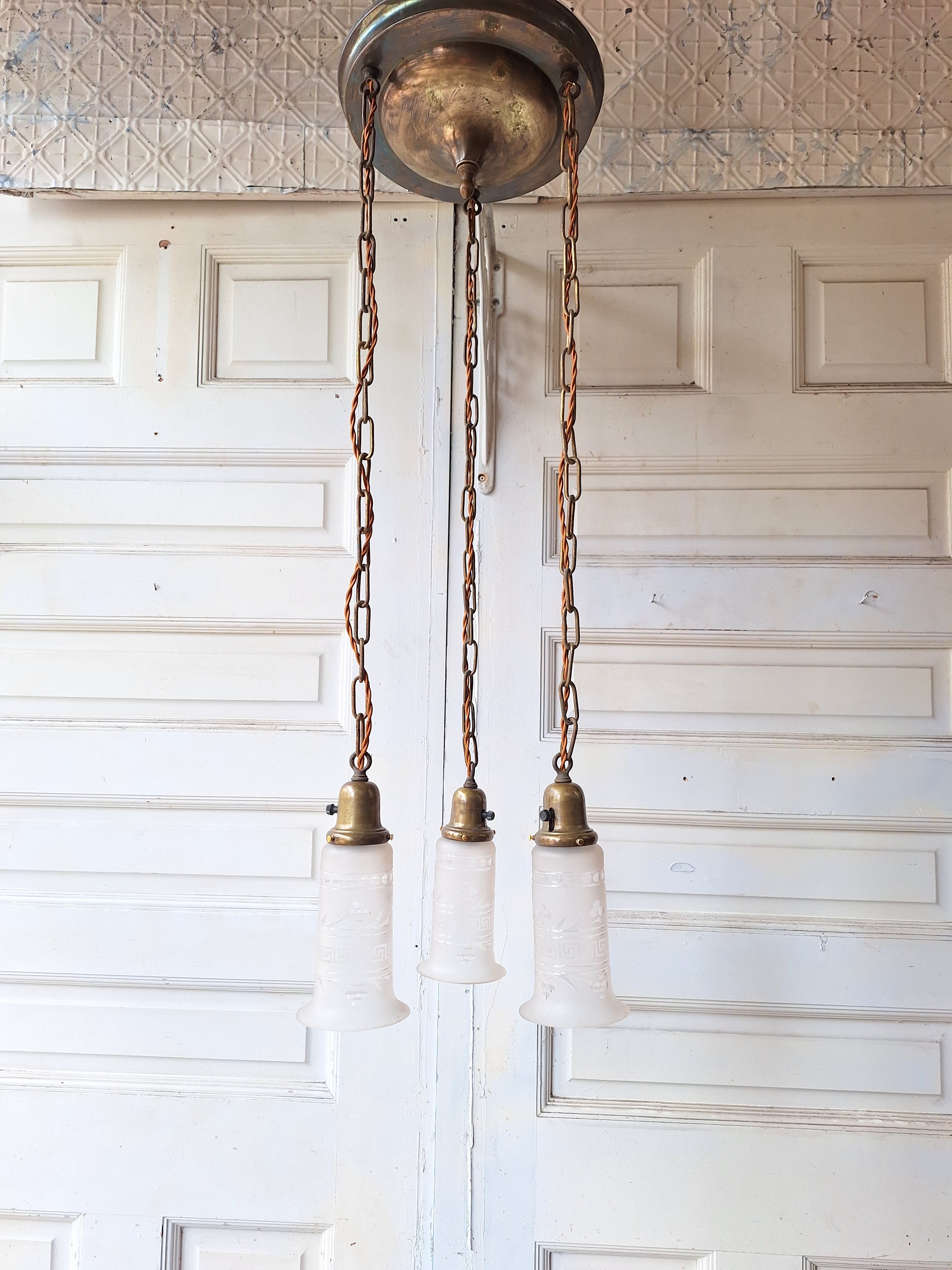 Antique Brass Pan Light with Three Hanging Chain Lights, Large Flush M ...