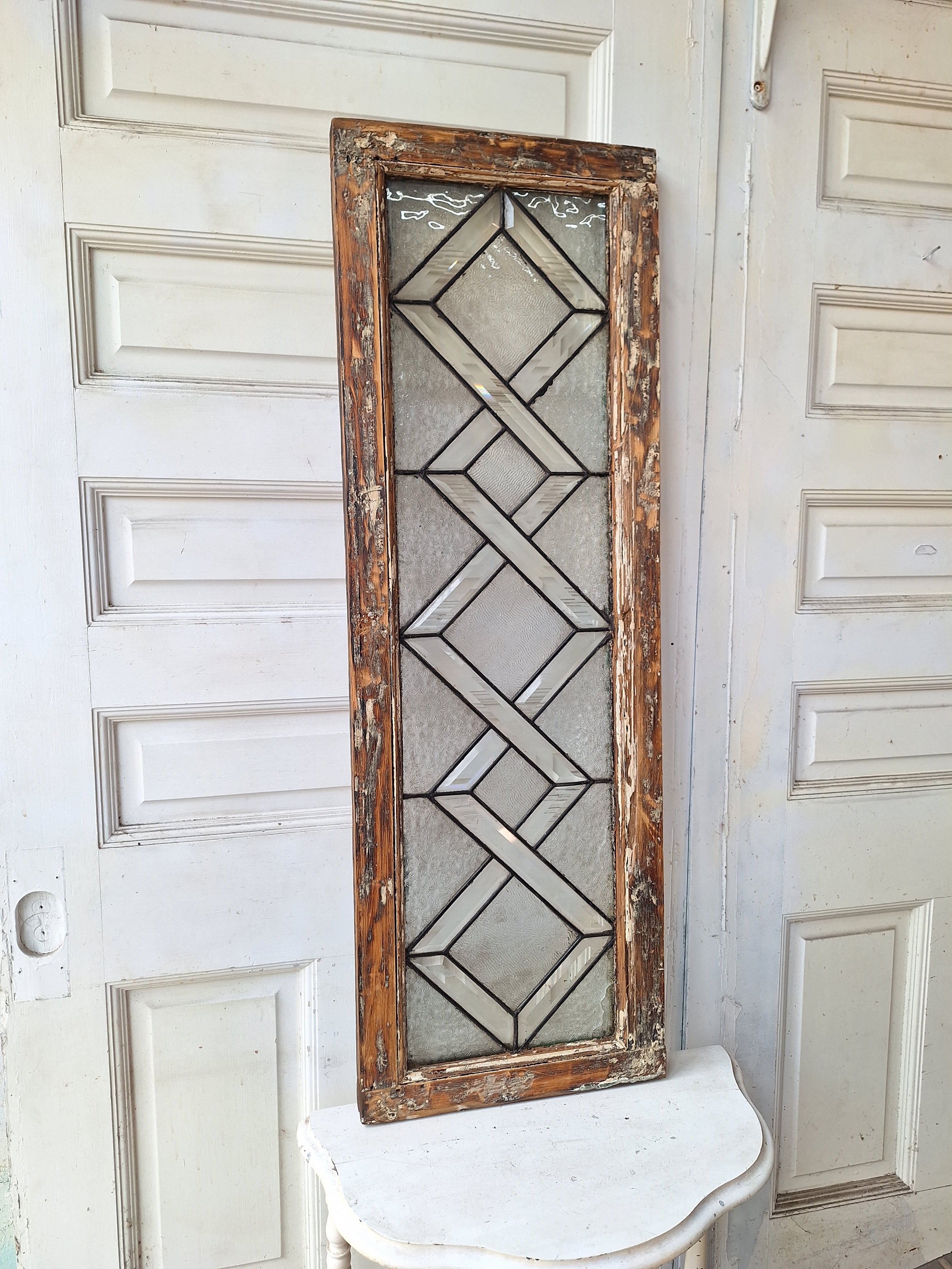 48" Antique Woven Pattern Beveled Glass Transom Window, Victorian Stai ...