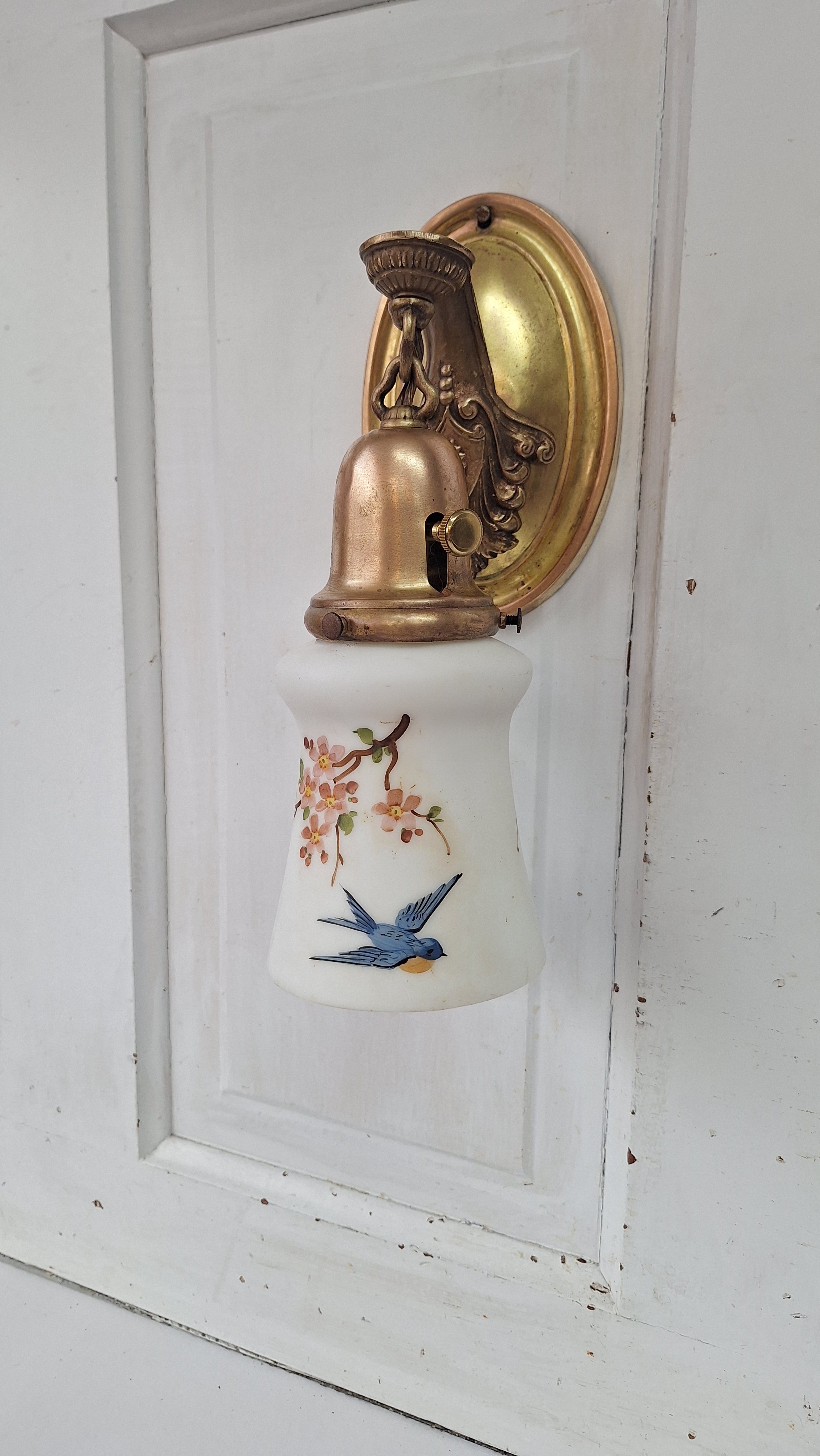 Antique Bluebird Sconce, Painted Blue Bird Glass Shade Wall Light ...